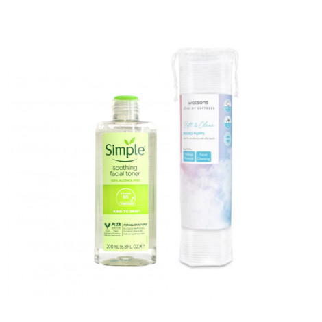 Simple Soothing Facial Toner 200ml & Watsons Soft & Care Round Puffs ...